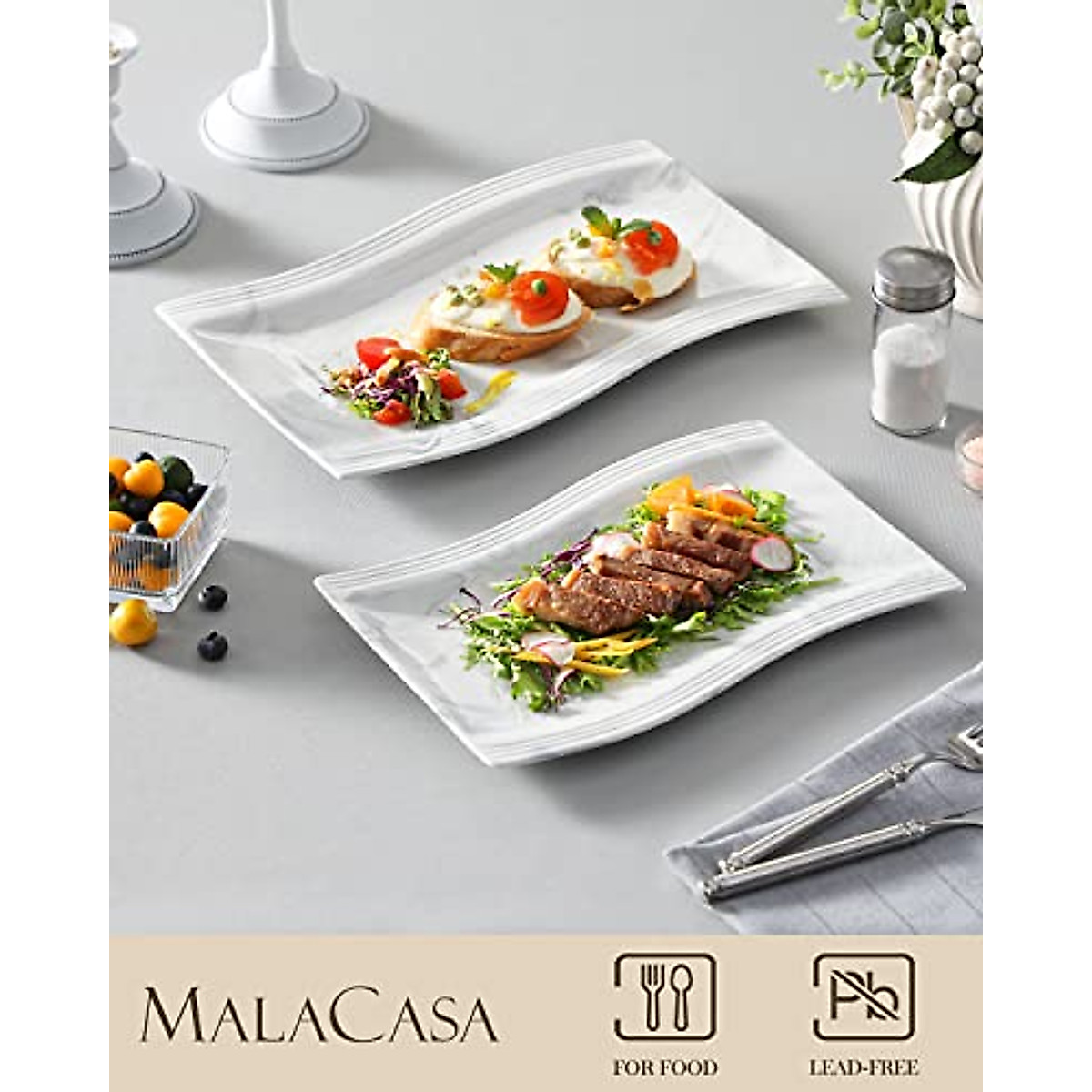 MALACASA Serving Platter, 13/11inch Serving Dishes for Entertaining, Porcelain Rectangular Trays for Party Banquet Sushi Dessert Appetizer Christmas Housewarming Gift, Marble Grey, Series Flora
