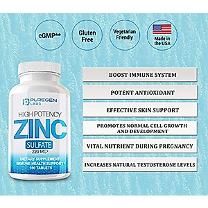 Zinc 220mg [High Potency] Supplement – Zinc Sulfate for Immune Support System 100 Tablets