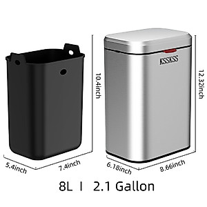 KSSKSS 2.1 Gallon Kitchen Compost Bin with Lid and Inner Bucket, 8L Stainless Steel Hanging Trash Can with Removable Inner Bucket for Cupboard/RV, Mountable Indoor Compost Bucket (Silver)