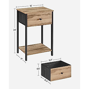 VASAGLE Nightstand, Side Fabric Drawer, 24-Inch Tall End Table with Storage Shelf, Bedroom, Toasted Oak