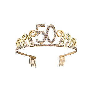 50th Birthday Tiara,Crystal Glitter Birthday Tiara Crown with Side Comb Princess Headband Party Supplies for Women