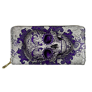 Biyejit Purple Skull Women Wallet Cute Sloth Flower Tree Coin Purse Clutch Cell Phone Case Gift for Girls
