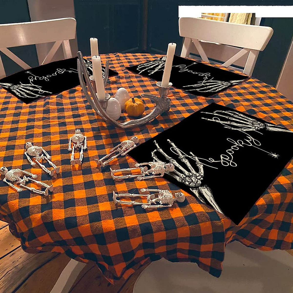 ARKENY Halloween Skeleton Spooky Spider Black Placemats 12x18 Inches Set of 4,Seasonal Farmhouse Indoor Kitchen Dining Table Decorations for Home Party AP158-18