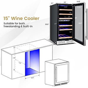 ORALNER 15“ Dual Zone Wine Cooler Refrigerator, 30-Bottle Built-in Beverage Wine Fridge w/Removable Wooden Shelves, Lockable Glass Door, Blue LED Interior Lights, Drink Wine Cellar for Kitchen Bar