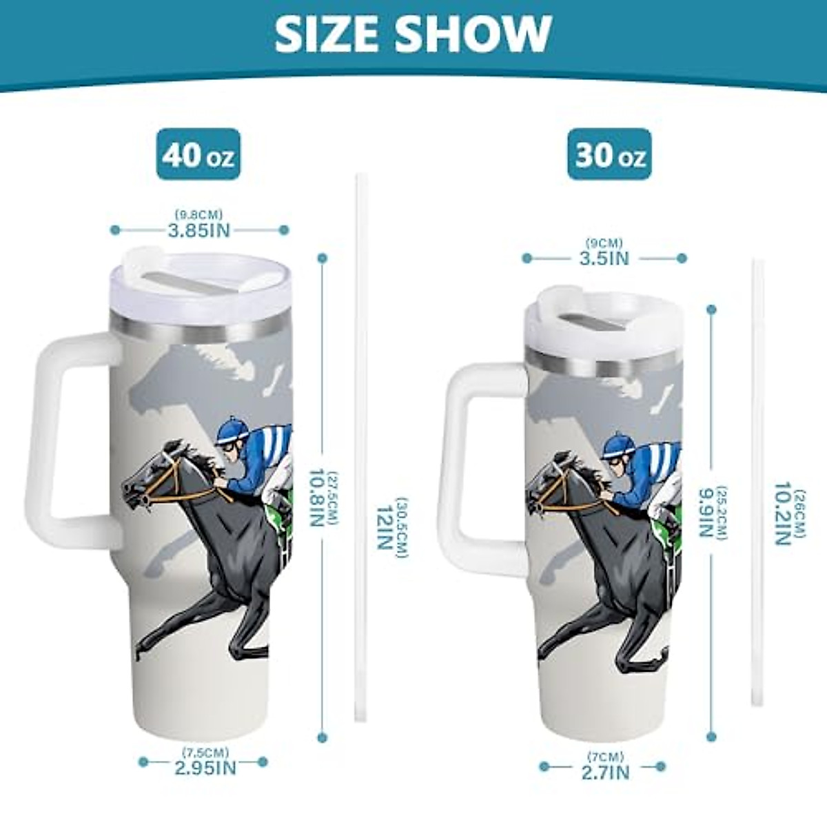 Horse Racing Stainless Steel Insulated Tumbler with Handle and Straw Lid for Water, Insulated Cup 30 OZ / 0.89 L