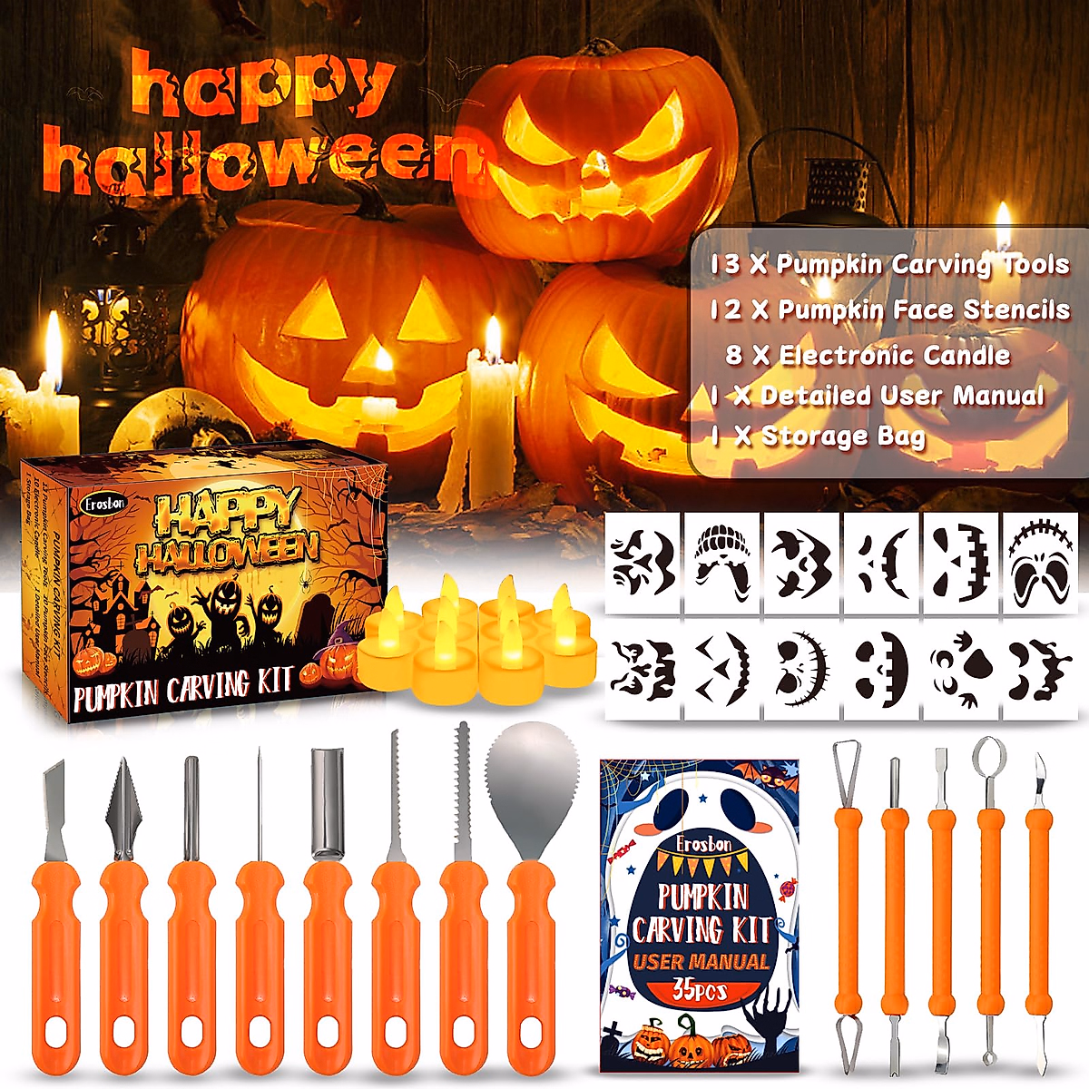 Erosbon 35pcs Pumpkin Carving Kit for Kids & Adult- Professional Stainless Steel Pumpkin Carving Tools & Stencil& Candles for Halloween Decoration Jack O Lantern Pumpkin