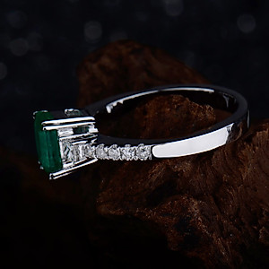 Lanmi Solid 14K White Gold Natural Green Emerald Rings Engagement Wedding Diamond Band for Women Promotion