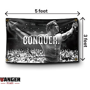Banger - Original Arnold Schwarzenegger Conquer Motivational Inspirational Office Gym Dorm Wall Decor Design on a 3X5 Feet Flag with 4 Grommets for Easy Hanging. Authentic BANGER FLAG