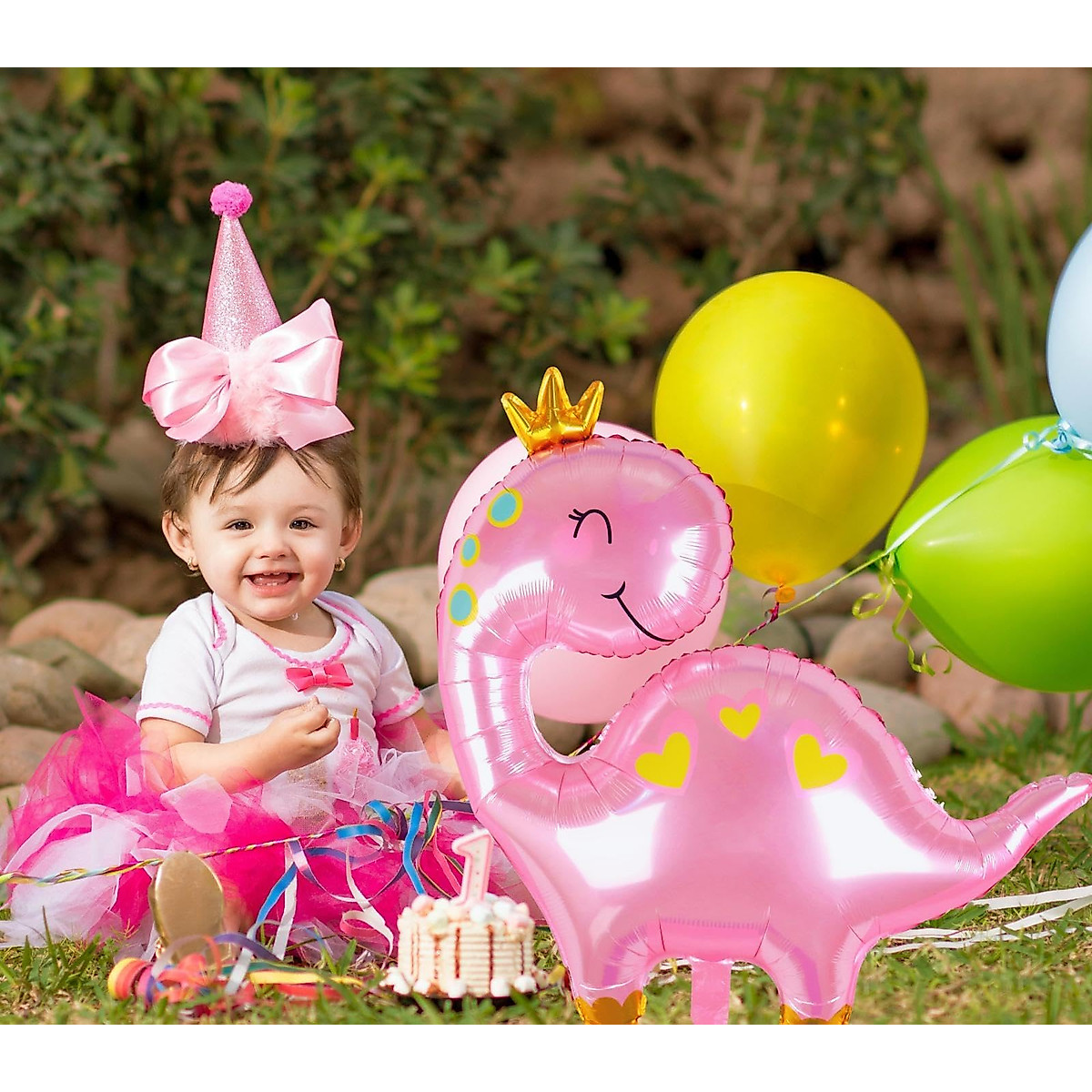 Pink Dinosaur Balloons Girls Dinosaur Balloons, 38 Inch Big Foil Mylar Dino Balloon with Crown for Kids Girls Dinosaur Theme Princess Birthday Baby Shower Party Decorations Supplies Dino party Decor