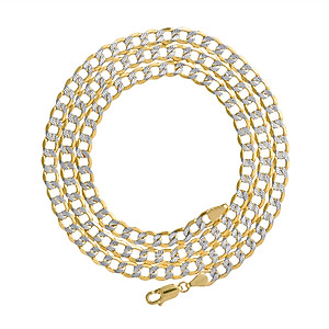 Nuragold 10k Yellow Gold 5.5mm Cuban Chain Curb Link Diamond Cut Pave Two Tone Pendant Necklace, Mens Womens Jewelry 16" 18" 20" 22" 24" 26" 28" 30"