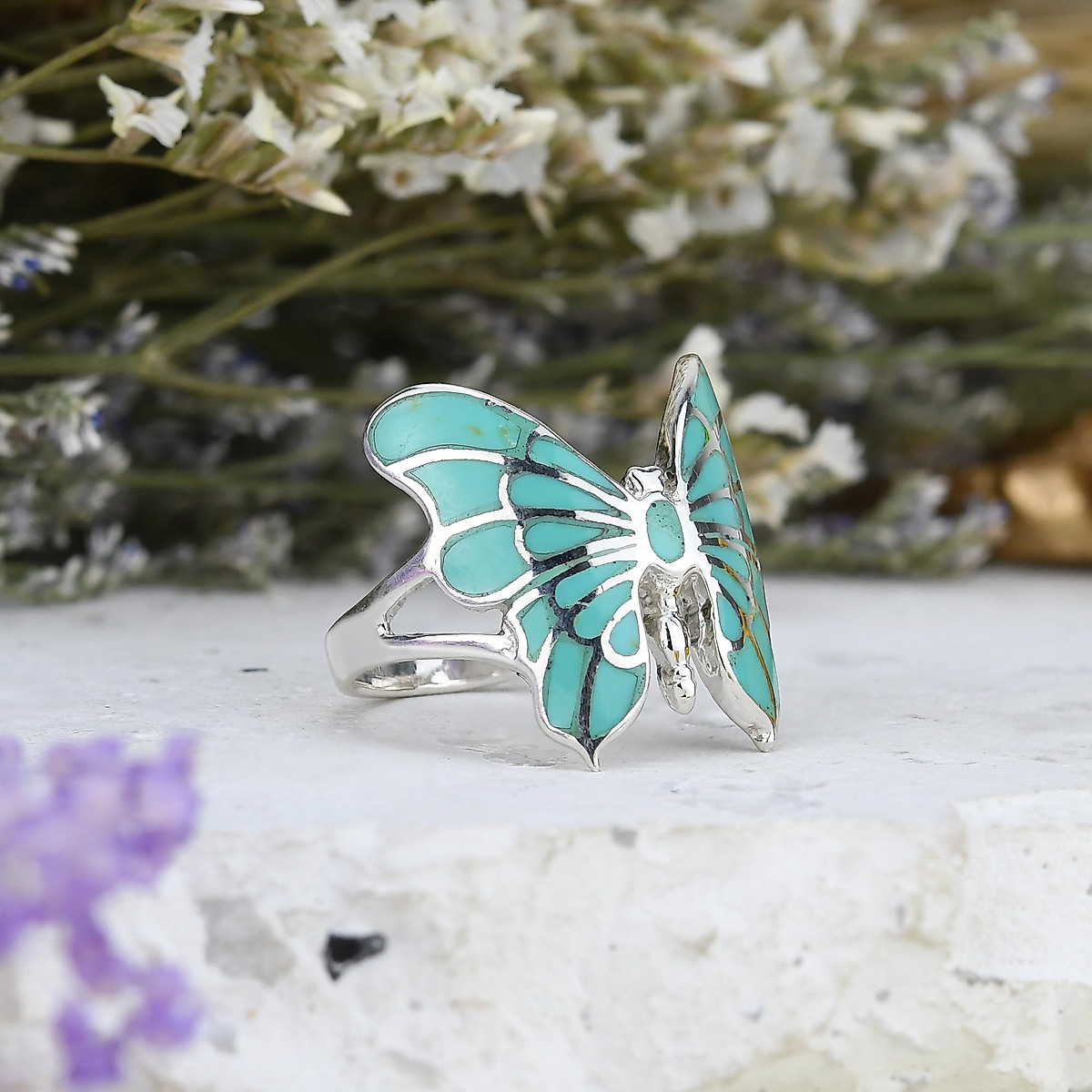 AeraVida Exotic Graceful Butterfly Simulated Green Turquoise Inlay .925 Sterling Silver Ring | Elegant Wedding Rings For Women | Casual Comfort Fit Silver Rings for Women | Gift for Women (8)