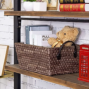 MyGift Woven Brown Wicker Handled Storage Basket with Decorative Striped Fabric Liner, Rectangular Open Organization Basket Bin for Nursery, Magazines Pet Toys, Media and Small Household Items