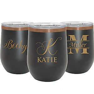 Custom Engraved Insulated Stemless Wine Tumbler Cup - Personalized Bridesmaid Beach Pool Girls Fun - Monogrammed (Black with Gold)