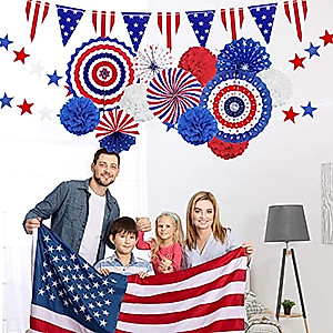 MOVINPE 4th of July Patriotic Party Decorations Set, American Flag Hanging Paper Fans, Pompoms Flowers, Foil Fringe Curtain, Star Streamers, USA Pennant Bunting Independence Day Party Supplies