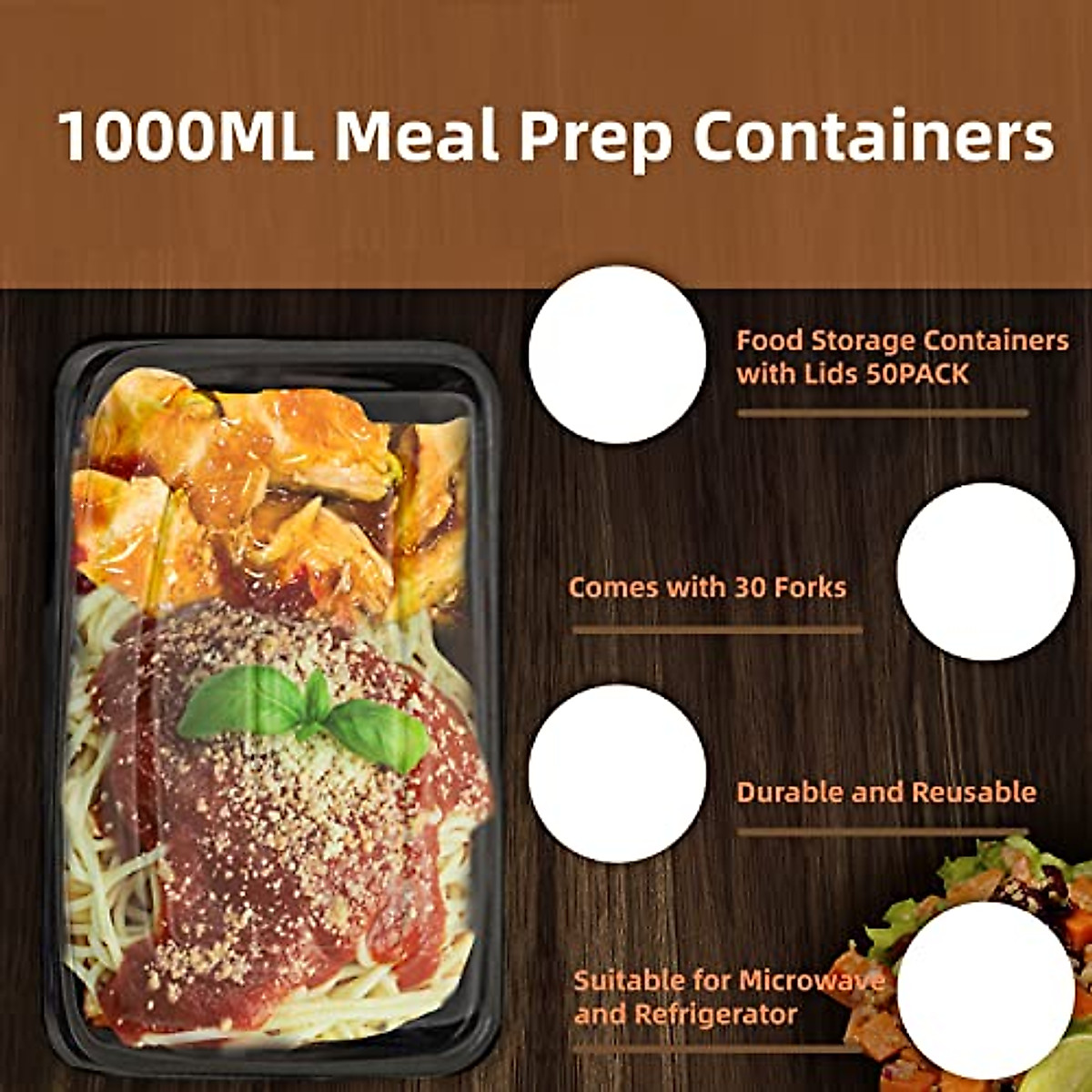 KIKitchen 50Pack 34oz Meal Prep Container with Lids and 30Pcs Forks, Black Plastic Containers, Reusable Storage Lunch Boxes, Portable Bento Box, Plastic Microwavable Food Containers