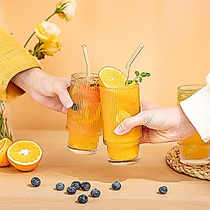 Gracenal Ribbed Glass Cups with Straws 12oz, Drinking Glasses Set of 4, Ribbed Glassware, Cocktail Glasses, Vintage Glassware, Whiskey Glasses, Coffee Bar Accessories, Iced Coffee Cups for Cute Gifts