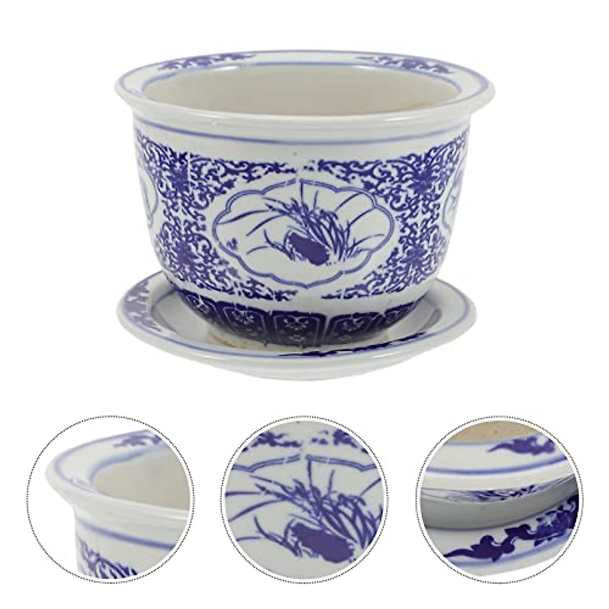Yardwe Blue and White Planter Ceramic Planter Ceramic Flower Pots with Drainage Hole Plant Pots with Saucer Tray Plants Container for Bonsai Plants Flower Aloe Small Succulent Pots