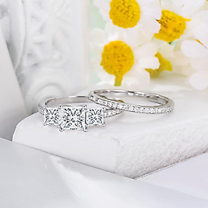 Princess Cut Wedding Ring Set for Women Platinum Plated Silver 3 Stone Moissanite Bridal Ring Set Engagement Ring Set White Gold Anniversary Promise Rings for Her with Text Engraving（size 12