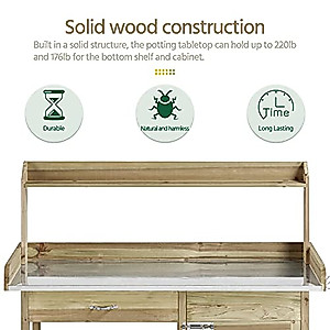 Yaheetech Outdoor Potting Bench Table, Garden Work Bench w/Metal Tabletop Work Station w/Cabinet Drawer, Open Top&Lower Shelf, Handy Hooks, ACQ Lumber Wood, Light Green