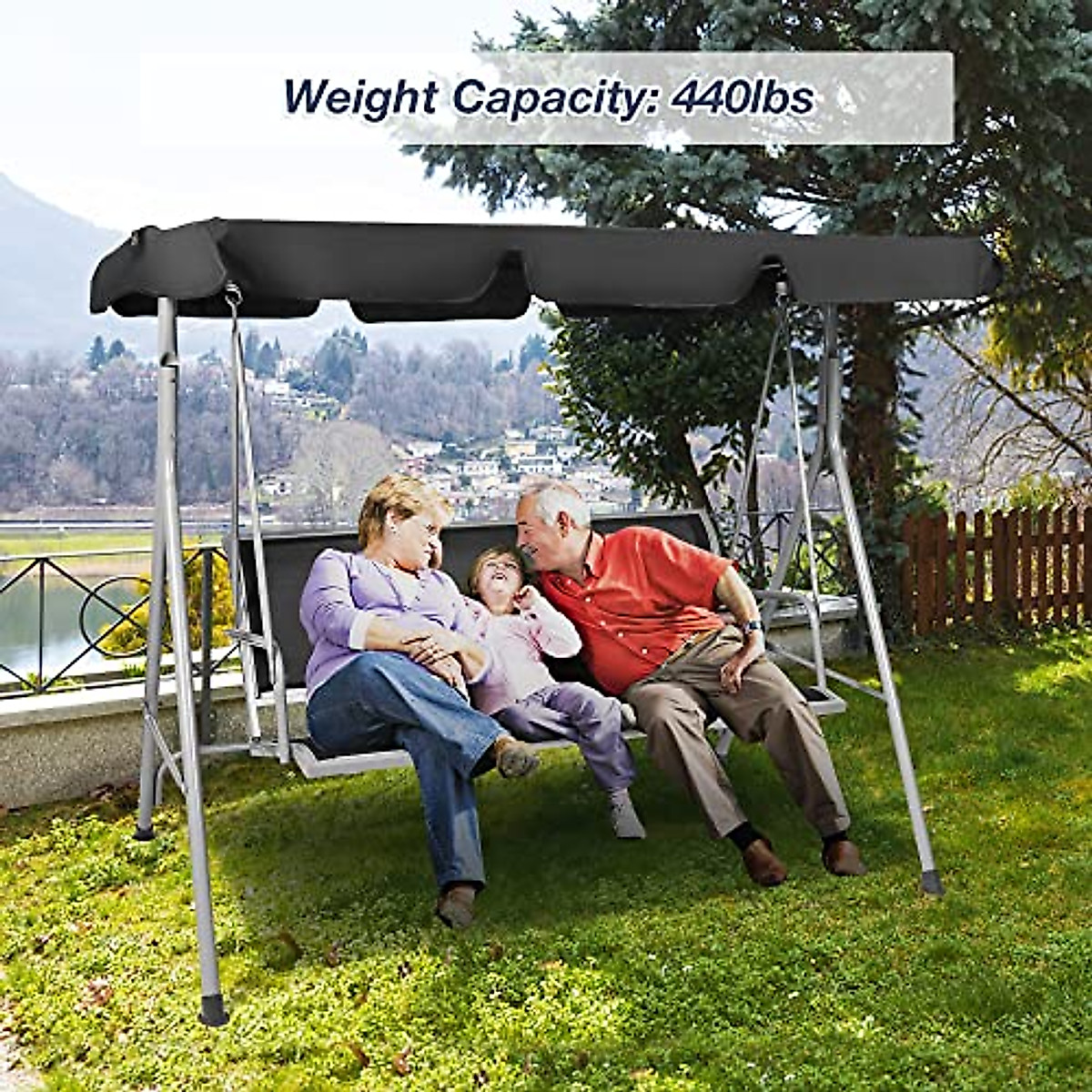 Vilobos Outdoor Patio Swing Chair, 3-Seater Porch Swing Bench with Adjustable Canopy and Duracble Metal Stand, Swing Set for Backyard, Porch and Garden, Black