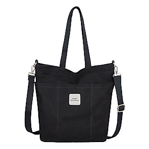 Iswee Canvas Tote Bag with Zipper Multi Pockets Tote Purse for Women Fashion Crossbody Tote Shoulder Bag Handbag Everyday Bag(Black)