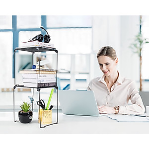 Stackable Locker Shelf, Mesh Locker Shelf, Locker Organizer | Foldable, Extra Tall | Fit Standard Size School, Gym, Work Locker | Ideal for Office Desk, Kitchen Cabinet, Closet, Bathroom | Black, 2 pc