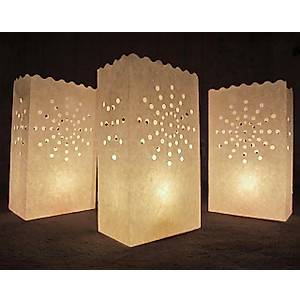 CleverDelights White Luminary Bags - 50 Count - Sunburst Design - Wedding Party Christmas Holiday Luminaria