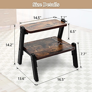 Azysow Wooden Step Stool for Adults Kids,Bedside Step Stools for High Beds,Kitchen Step Stool,Heavy Duty Sturdy 2 Step Stool,Widened Metal Frame, Holds up to 500 LB(Brown)