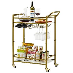 Tajsoon 2-Tier Bar Cart, Mobile Bar Serving Cart, Industrial Style Wine Cart for Kitchen, Beverage Cart with Wine Rack and Glass Holder, Rolling Drink Trolley for Living Room, Gold & White