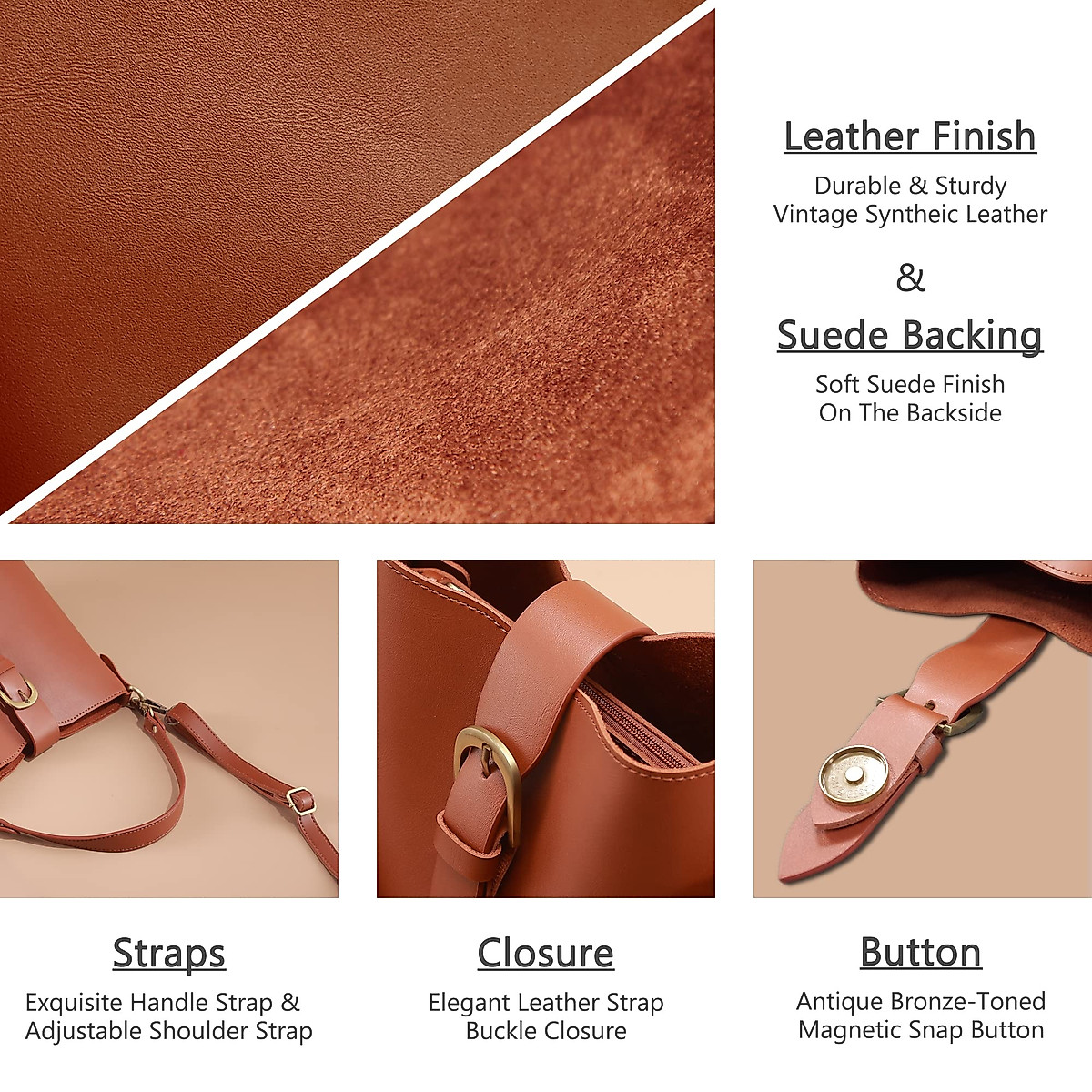 Town Bucket Vegan Leather Bag For Women (Light Brown Camel) Hobo Retro Faux Casual Purse Classic Vintage Simple Shoulder Handbag