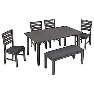 KoiHome 6-Pieces Rustic, Solid Wood Set with Rectangular Table & 4 Chairs and Bench with Cushion for Dining Room, Distressed Finish, Industrial Style, Set of 6 (Gray), Gray2