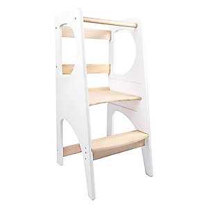 EKOUPLUS Wooden Step Stool for Kids, Premium Adjustable Height Toddler Stool Kids Step Stool with Handle and Safety Rail, Perfect for Kitchen, Bathroom and Bedroom