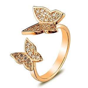 METTU Double Butterfly Finger Rings Open Adjustable Cubic Zirconia Ring for Women (Gold)
