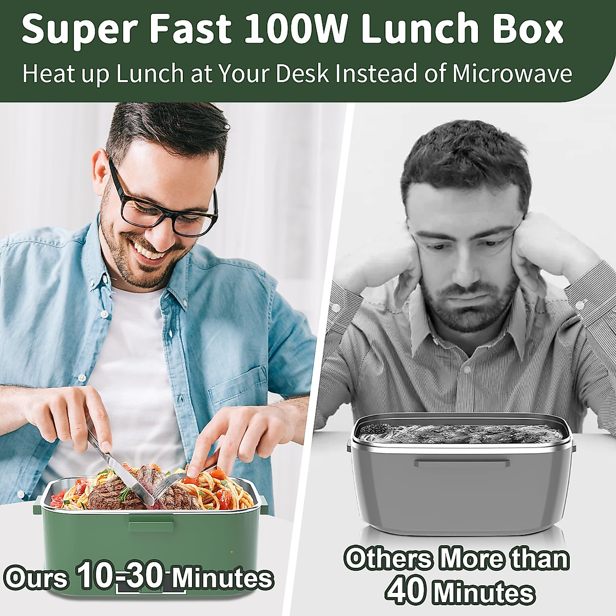 Electric Heated Lunch Box 100W - 3-IN-1 1.8L Fast Self Heating Lunch Boxes Portable Food Heater for Adults,12V/24V/110V with Leak-Proof Compartment Lid for Car Truck Office Home Green (3 Times Faster)