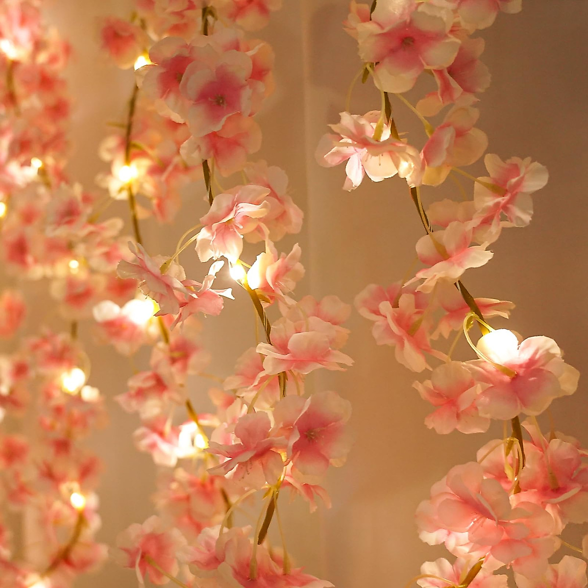 Cherry Blossom String Lights Artificial Flowers Outdoor Hanging Silk Flowers Garland for Wedding Party Home Bedroom Decor Pink Room Decor Aesthetic