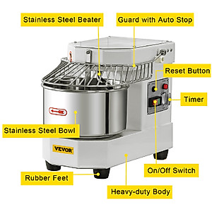 VEVOR Commercial Food Mixer, 8.5Qt Capacity, 450W Dual Rotating Dough Kneading Machine with Food-grade Stainless Steel Bowl, Security Shield & Timer Included, Baking Equipment for Restaurant Pizzeria