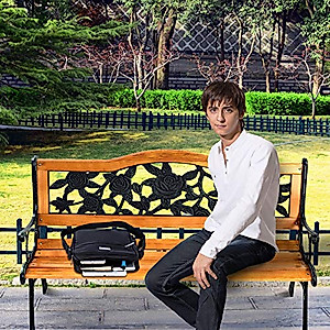 HAPPYGRILL 50'' Patio Park Garden Bench, Outdoor Furniture Iron & Hardwood Frame Porch Loveseat