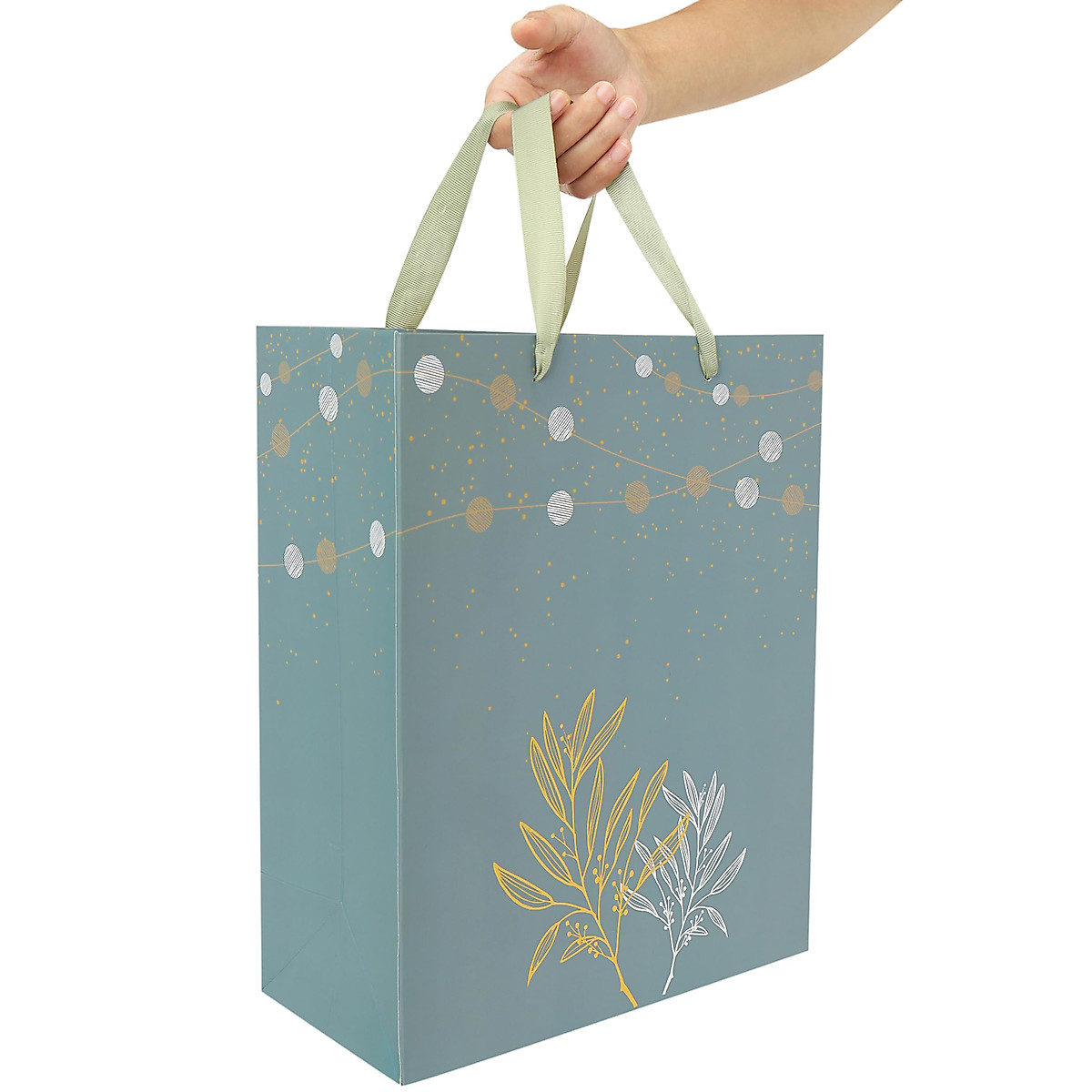 13” Large Green Gift Bag Set with Handles, Greeting Card, Tissue Papers and Stickers for Women Girls for Birthday, Wedding, Anniversary and Mother’s Day, Gold Foil Botanical Design, 1 Pcs