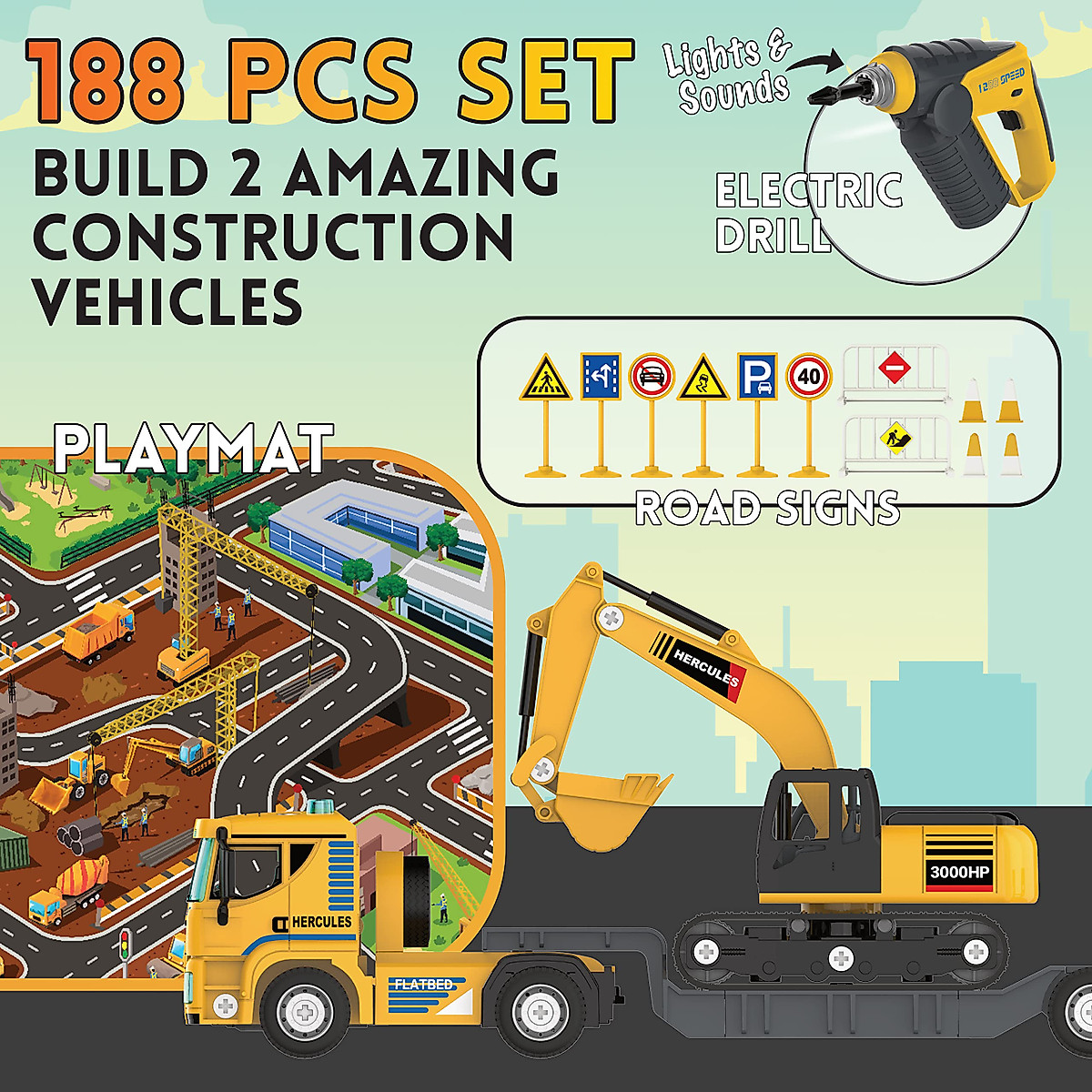 188 PCs Take Apart Excavator and Flatbed Tractor Truck Construction Toys - DIY Building Vehicle Playset Toy w/Drill, Lights & Sounds for Kids, Boys and Girls Ages 5 6 7 8 Years Old