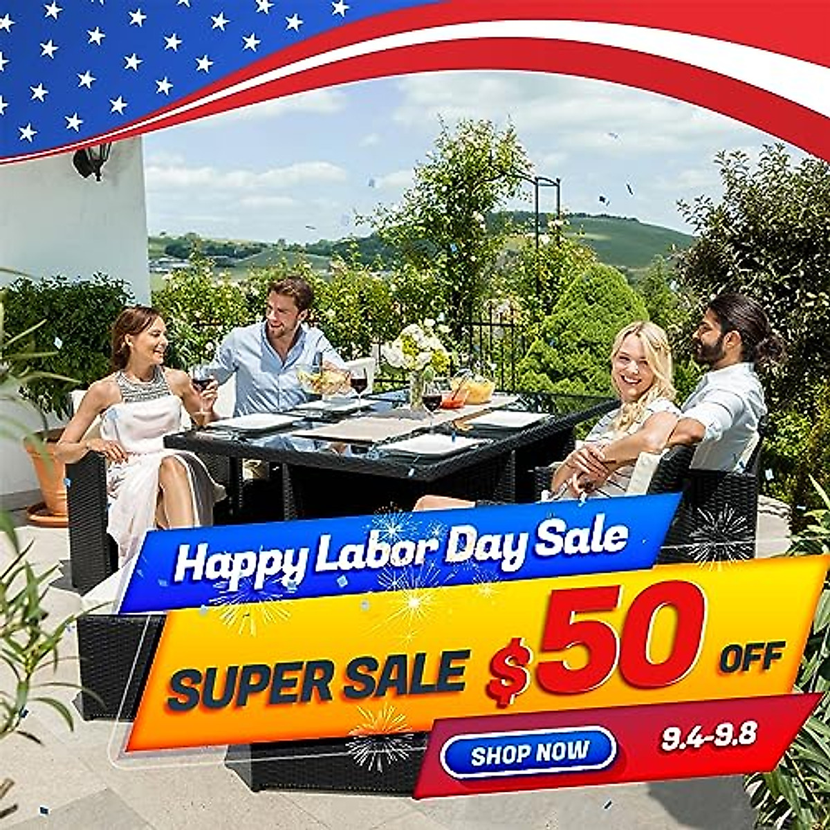 Verano Garden 5 Pieces Outdoor Dining Set, Patio Wicker Dining Chairs and Round Table Set for 4, Rust-Resistant Steel Frame Dining Set W/Umbrella Hole for Backyard, Porch, Garden, Lawn