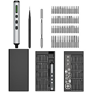 Mini Electric Screwdriver, 68-in-1 Precision Electric Screwdriver 400RPM with 5 Torque Settings, 68 Drill Bits, Pry Bar, Led and Tweezers, Electric Precision Screwdriver Kit for Pc Building