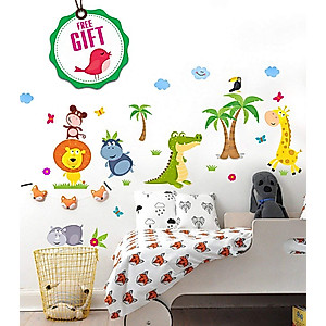 Animal Safari Jungle Vinyl Wall Decal for Kids Bedroom playroom - Decorative Art Stickers for Baby Girl Boy Wall Decor - Nursery Wall Stickers [24 Art clings] - Wall Decals for Boy - with Gift!