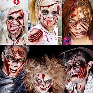 VANTATY 215+ PCS 30 Sheets 3D Fake Scars Tattoo Temporary Halloween Makeup Kit, Fake Stitches Tattoos Cut Scary Face Wound Blood Chucky Scars Tatoos For Kids Women Men Boys Girls Zombie Sticker