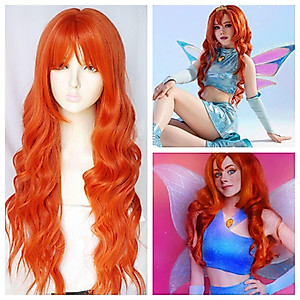 Long Red Bright Copper Wig for women curly Bloom cosplay wig Fairy costume wig synthetic wig with bangs 29inches Halloween wig for women and girl