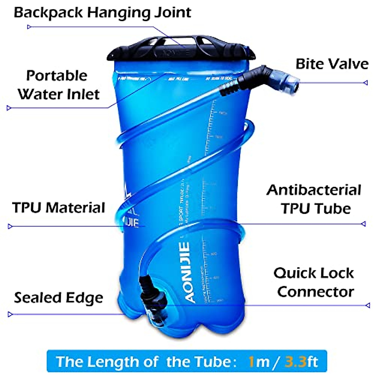 TRIWONDER 1.5-2-3L BPA Free Hydration Bladder Water Reservoir for Bicycling Hiking Camping Backpack (1.5L / 50oz (TPU))