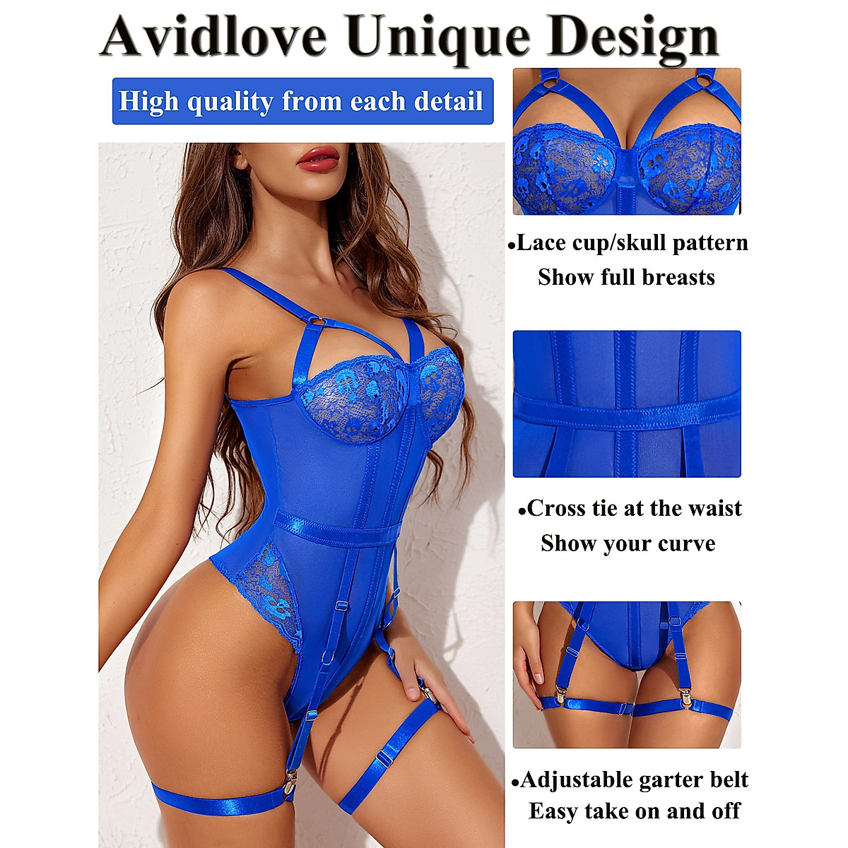 Avidlove Garter Lingerie Sexy Lace Chemise Sexy Corset Teddy Lingerie with Garter Belt(Royal Blue, L)