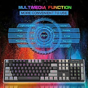 MageGee Gaming Keyboard, Rainbow Backlit LED Wired Gaming Keyboard with Clear Housing and Double-Shot Keycaps, K1 Waterproof Ergonomic 104 Keys Light Up Keyboard for PC Desktop Laptop, Gray & Black