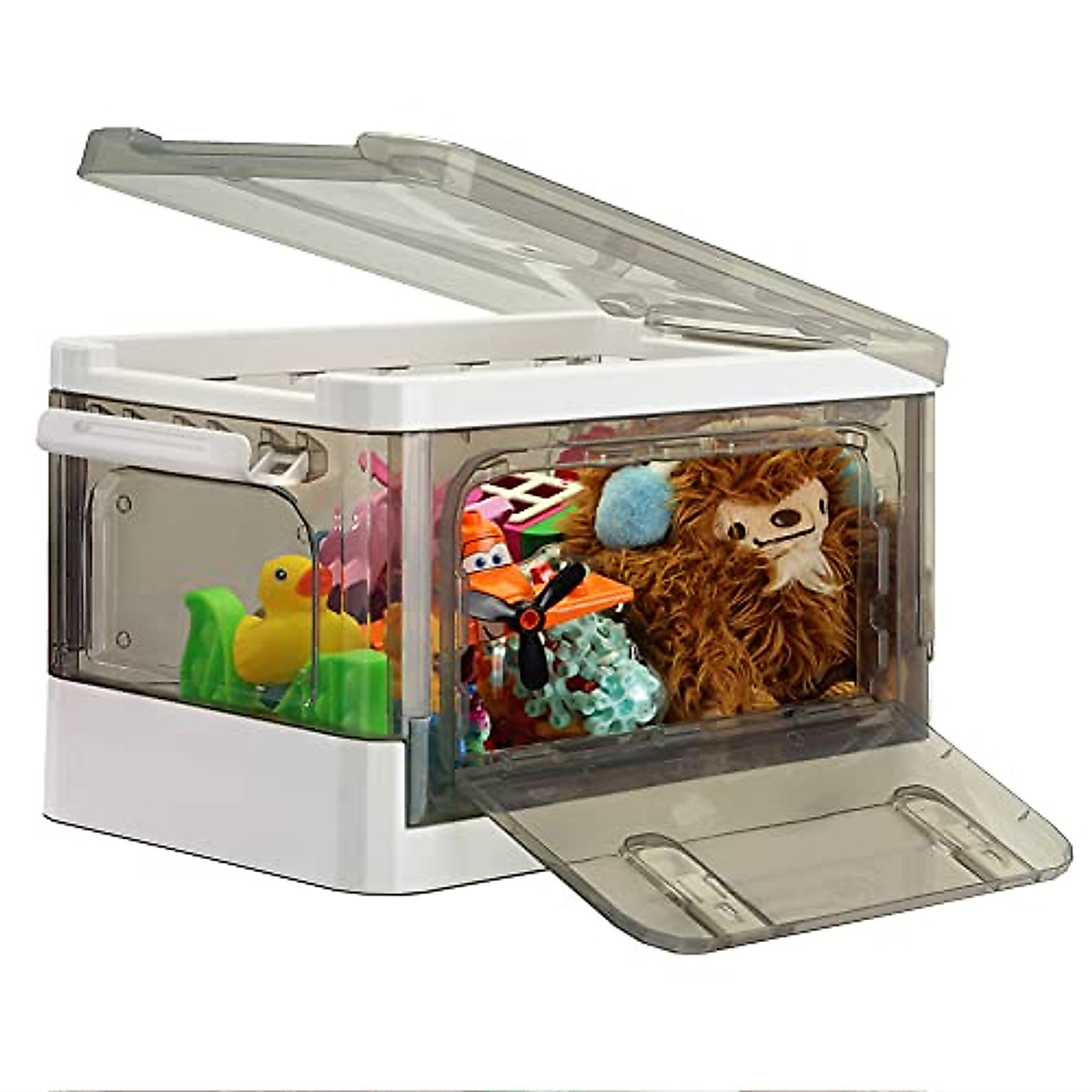 EZOWare 15 Quart Stackable Lidded Plastic Storage Bins with Front Opening and Wheels, 2 Pack Foldable Organizer Cube Box Containers with Latch Lid - White and Clear Gray