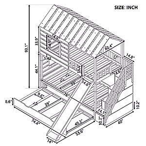 POCIYIHOME Twin Over Twin House Bunk Bed with Trundle and Slide & Storage Staircase, Roof Design with Window for Kids,Teens,Girls,Boys Bedroom, Space-Saving Design, No Box Spring Needed, Gray