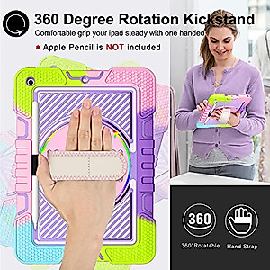 Hocase for iPad 9th/8th/7th Generation Case 10.2", with Pencil Holder/360 Rotation Stand/Hand Strap, Heavy Duty Shockproof Rugged Soft Silicone Hard Protective Case for Kids, Girls & Women - Rainbow